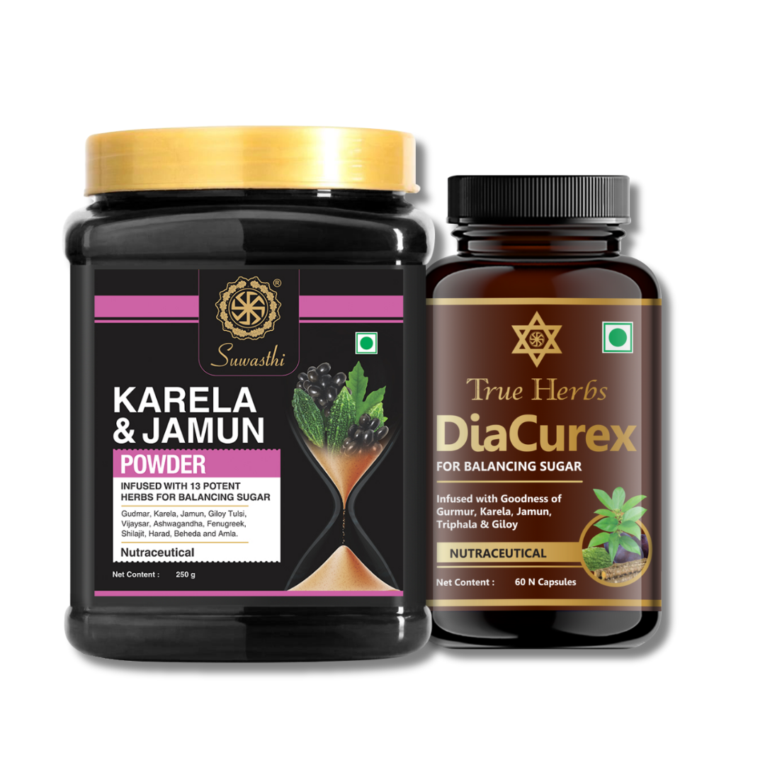 Pack of Suwasthi Karela Jamun Powder & True Herbs Diacurex Tablets ...